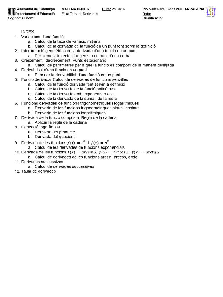 Fitxa T1 Derivades - 2n Bat A - Resolta | PDF
