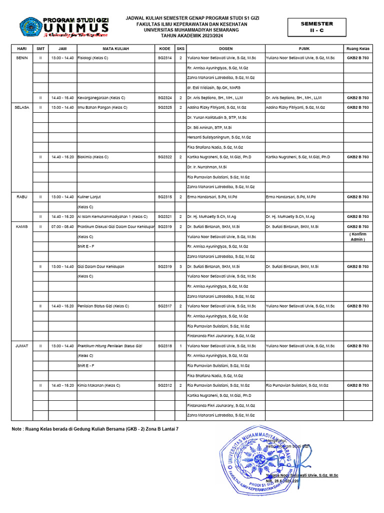 Jadwal S1 Gizi Reg Genap 2023-2024 (SMT II-C) - 1 | PDF