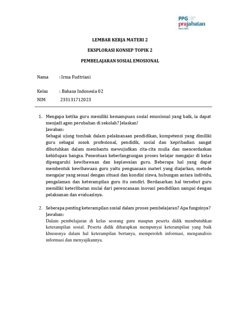 IRMA F-Topik-2-Lembar-Kerja-Materi-2-Eksplorasi-Konsep-Pembelajaran-Sosial-Emosional | PDF
