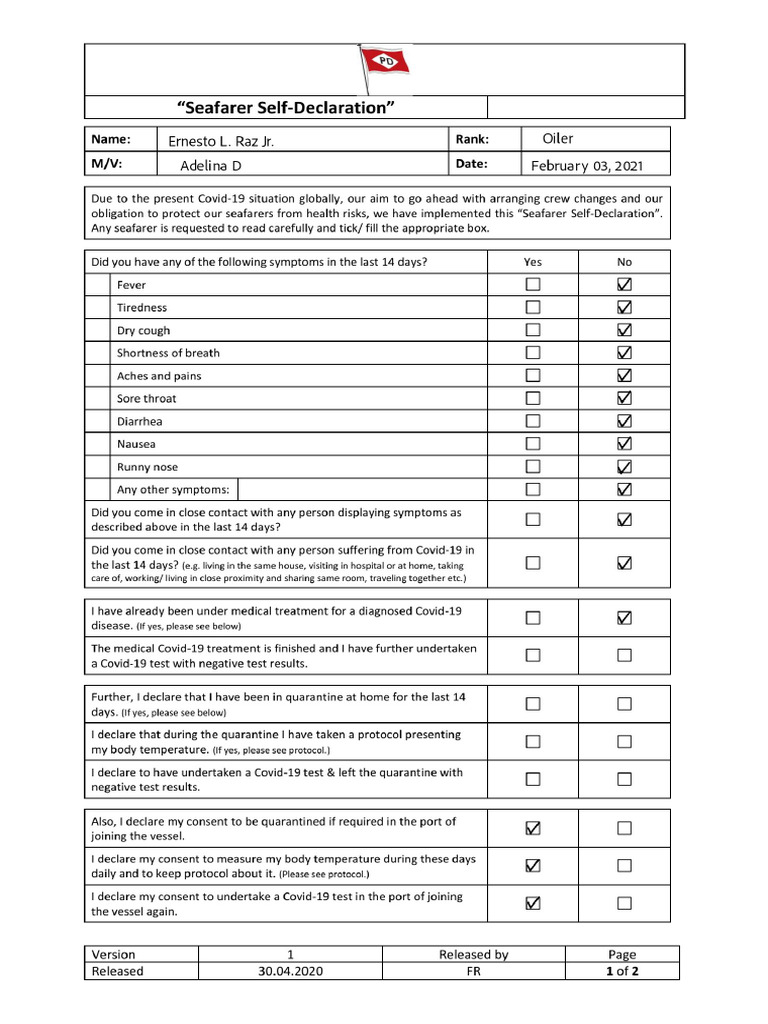 Seafarer Self-Declaration - Covid-19 - PDS | PDF