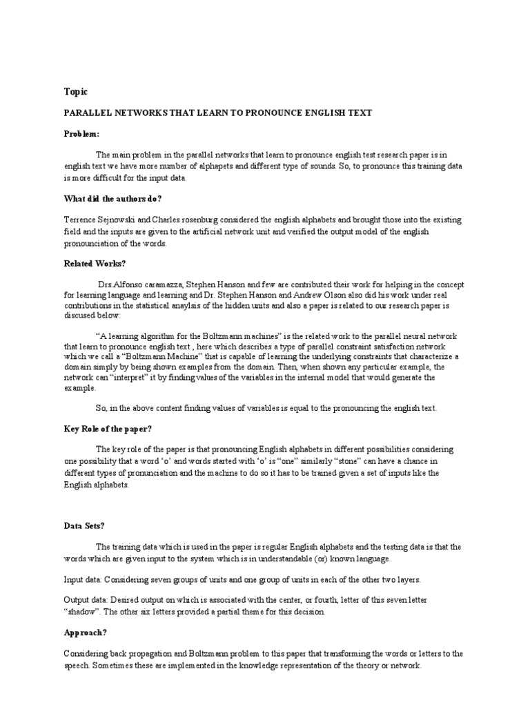 Topic: Parallel Networks That Learn To Pronounce English Text Problem ...