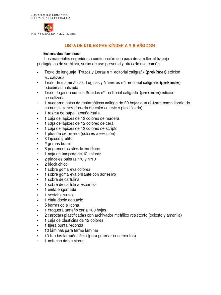 Lista De Útiles Pre Kínder Año 2024 Pdf Lápiz Materiales De