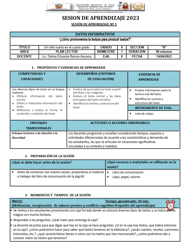 Sesion Plan Lector N Niño Nuevo | PDF | Aprendizaje | Evaluación