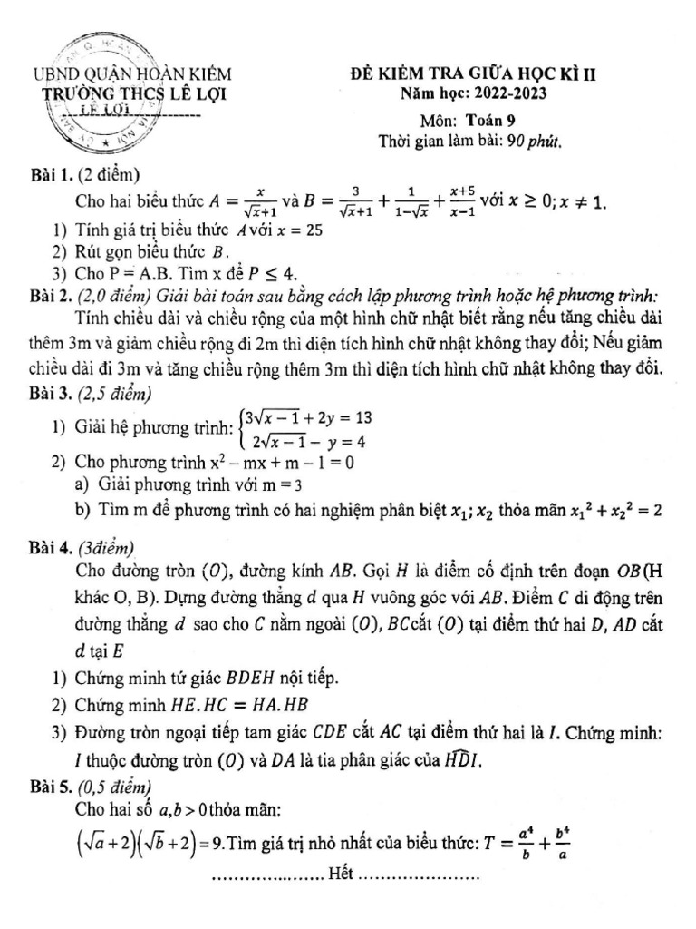 De Giua Hoc Ki 2 Toan 9 Nam 2022 2023 Truong Thcs Le Loi Ha Noi | PDF