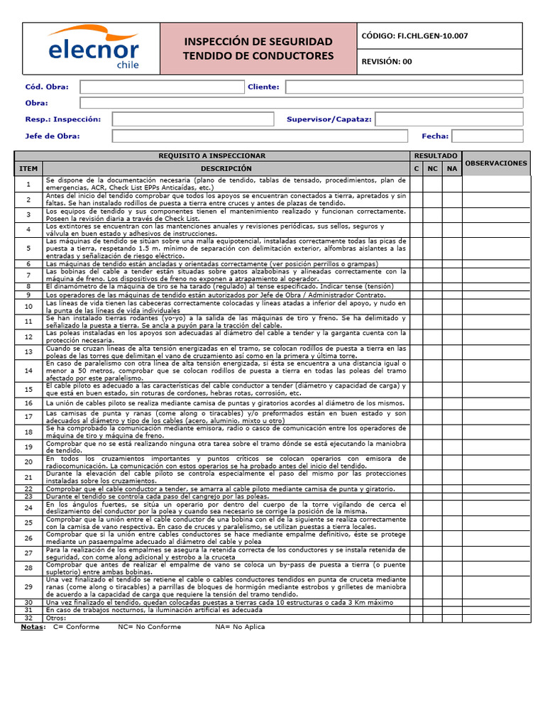 N-10.007 INSPECCION DE SEGURIDAD - TENDIDO DE CONDUCTOR Rev.00 | PDF ...