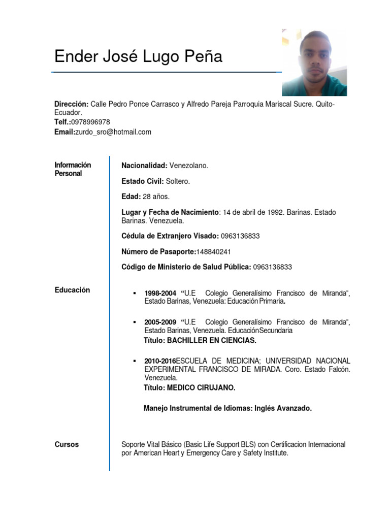 Curriculum Vitae Ender Lugo | PDF | Venezuela | Hospital