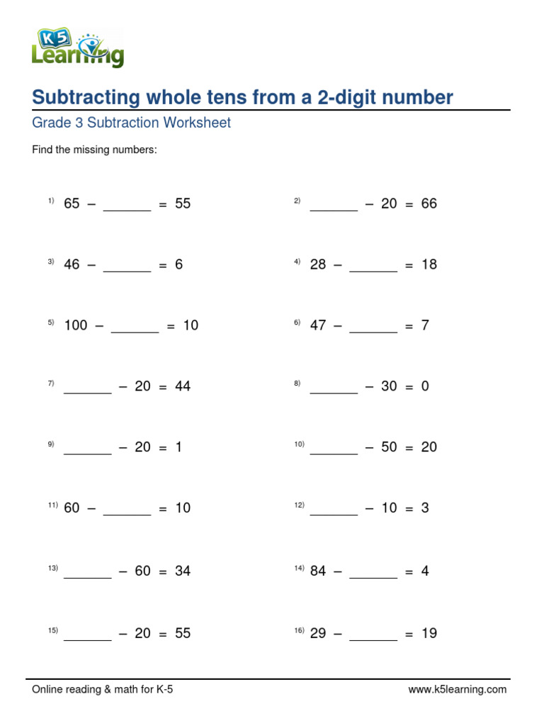 Grade 3 Subtract Whole Tens From 2 Digits D | PDF