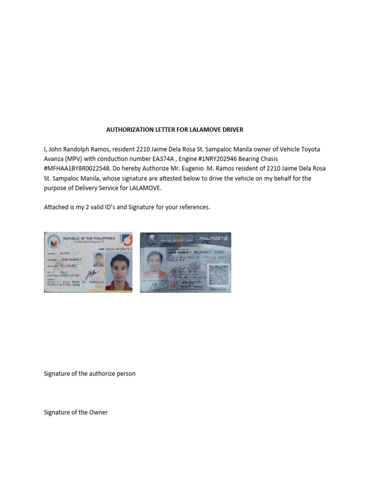 Authorization Letter For Lalamove Driver | PDF | Law