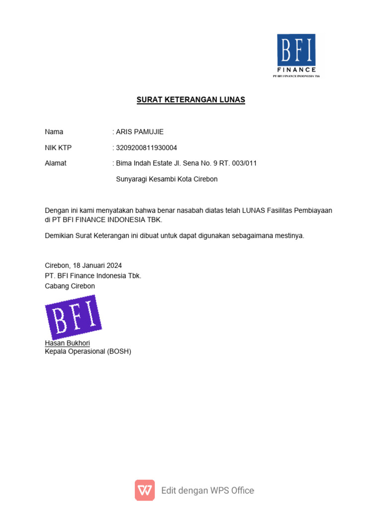 Surat lunas bfi | PDF