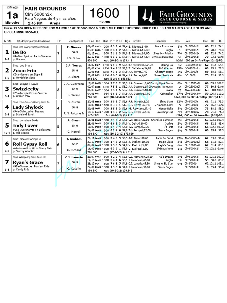 Fair Grounds Race Card - March 13, 2024 | PDF