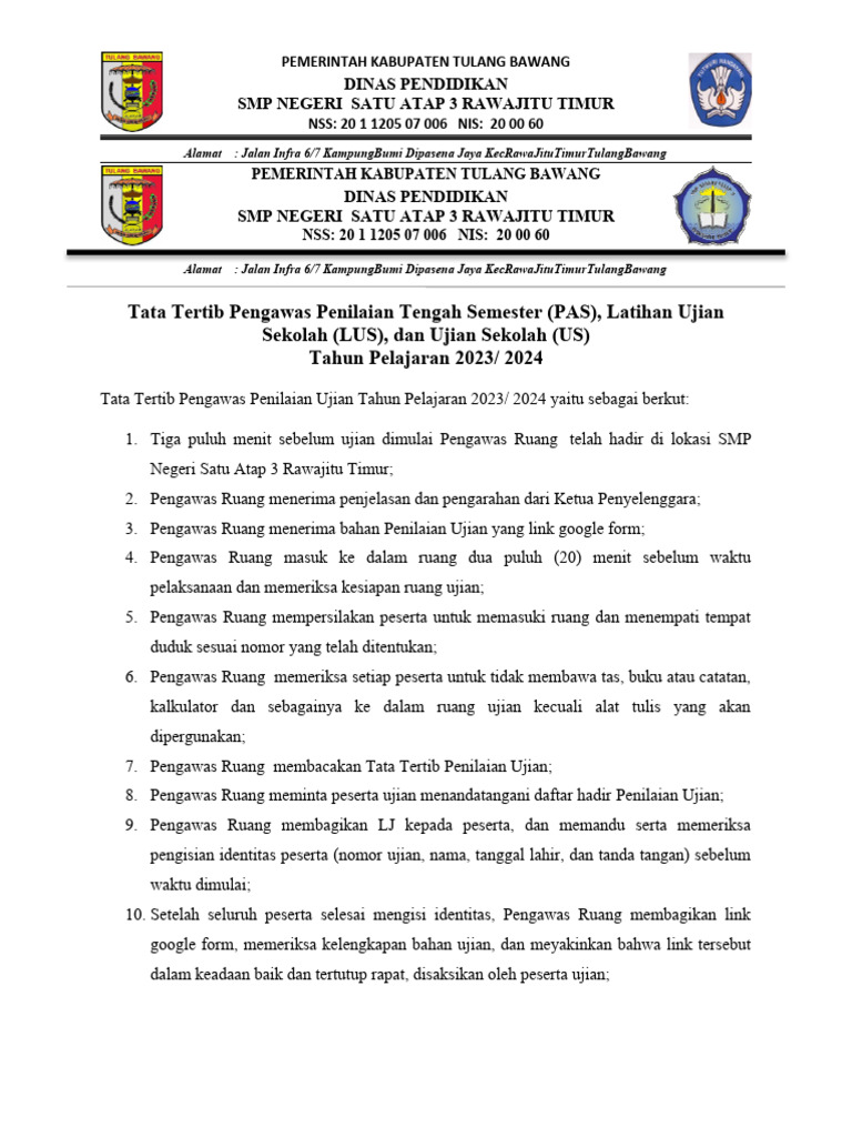 Tata Tertib Pengawas PTS, Lus, Us 2023-2024 | PDF