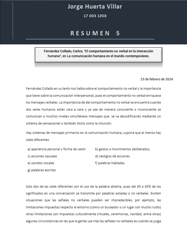 Fernández Collado Lenguaje No Verbal Resumen 5 JHV | PDF | Comunicación ...