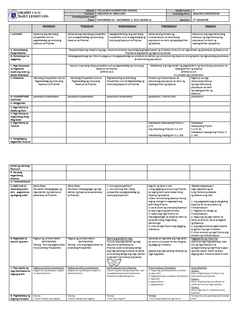 DLL - Araling Panlipunan 5 - Q2 - W4 | PDF