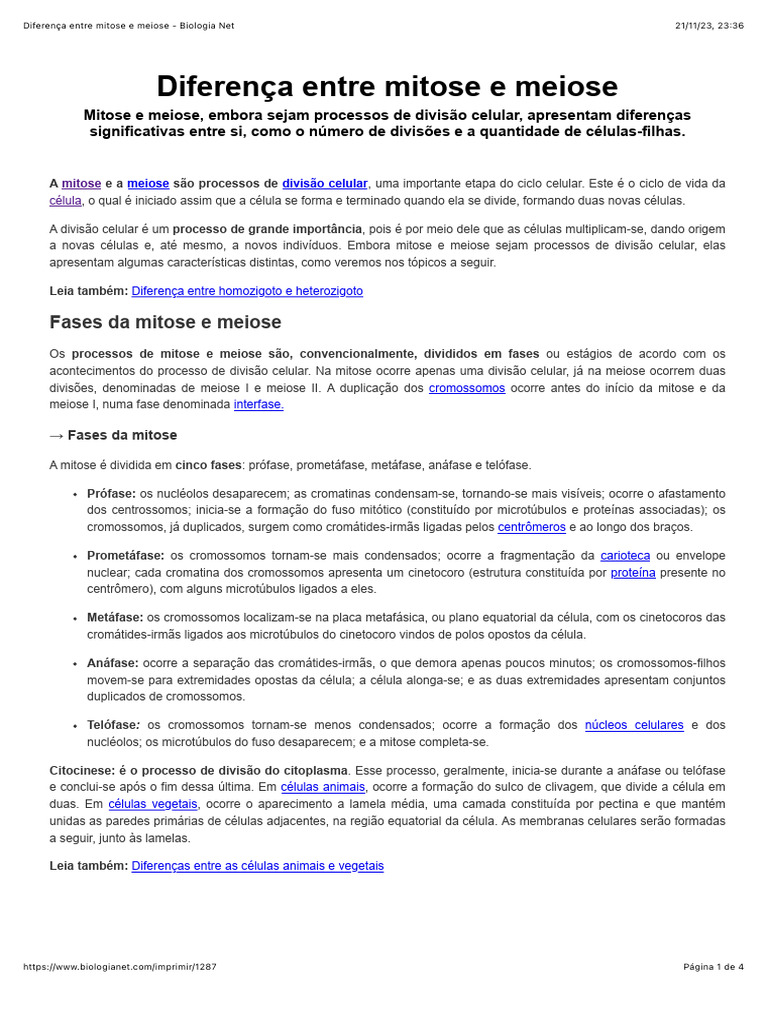 Diferença Entre Mitose E Meiose Biologia Net Pdf