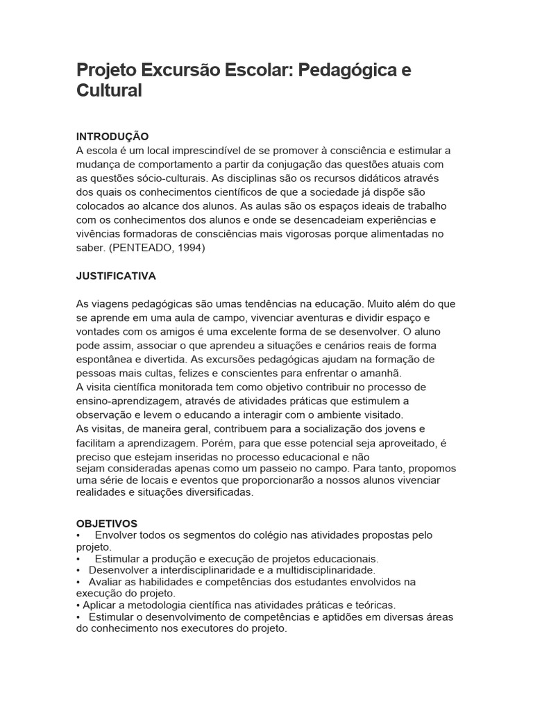Projeto Passeio Escolar | PDF