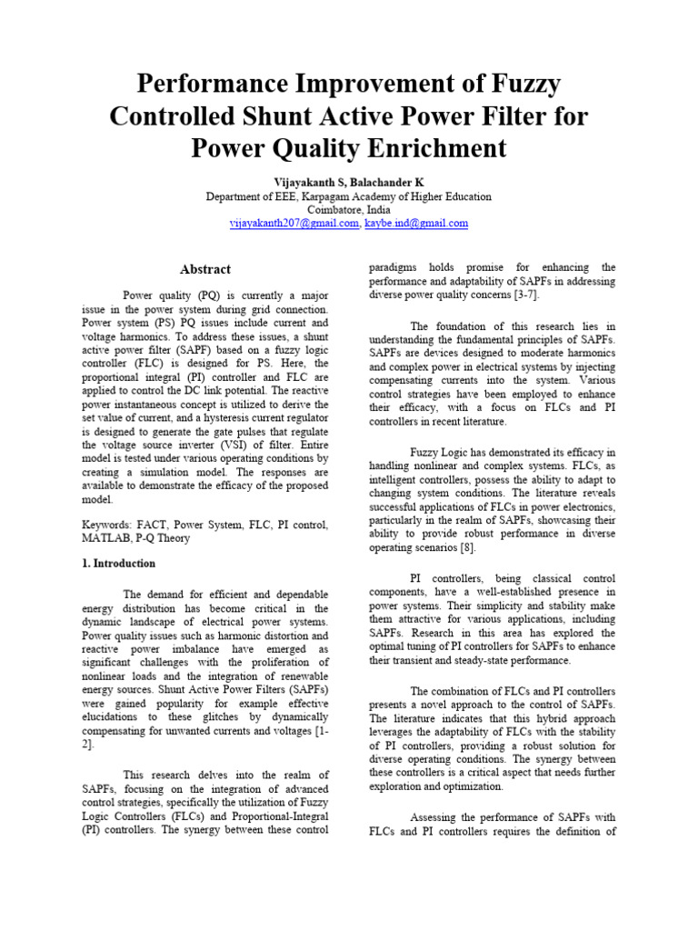 Performance Improvement of Fuzzy Controlled Shunt Active Power Filter For Power Quality ...