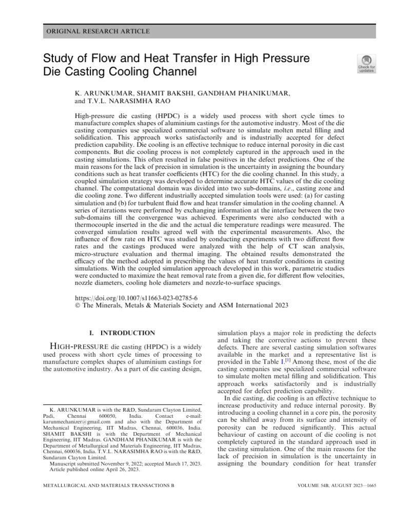 Study of Flow and Heat Transfer in High Pressure Die Casting Cooling Channel | PDF | Heat ...