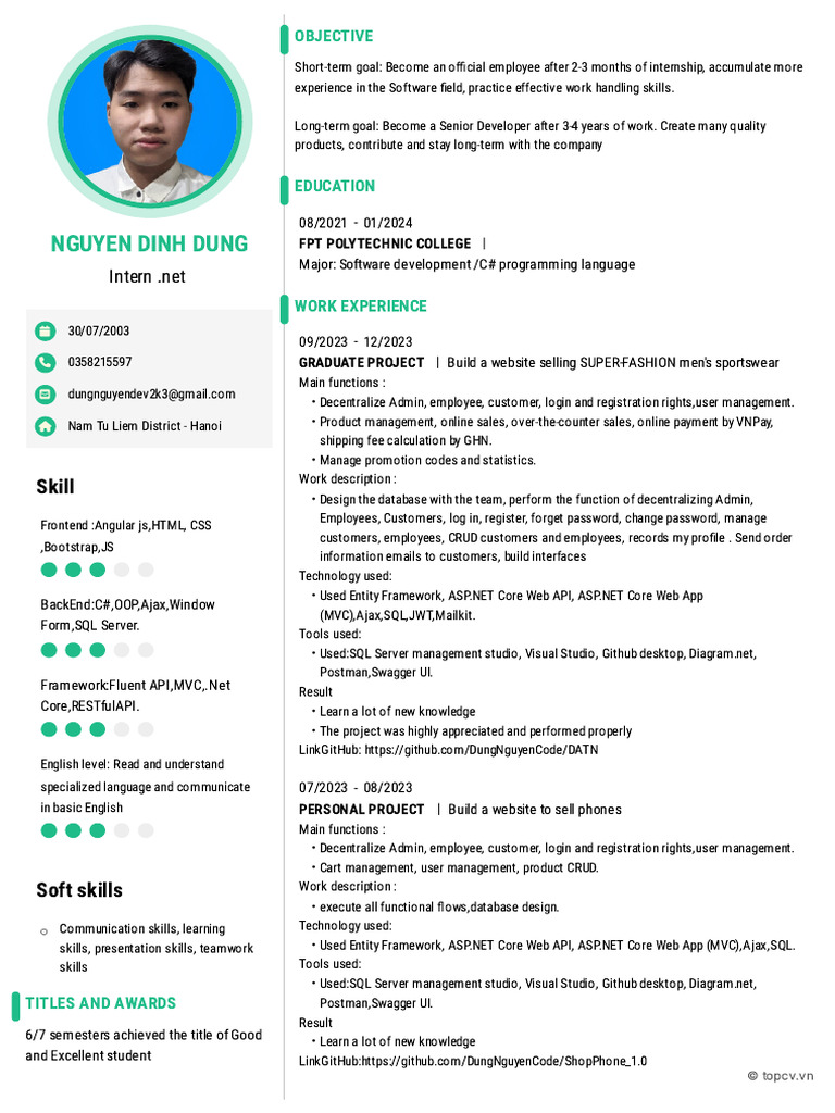 CV Nguyen Dinh Dung - CV Intern - net-TopCV - VN | PDF | World Wide Web | Internet & Web