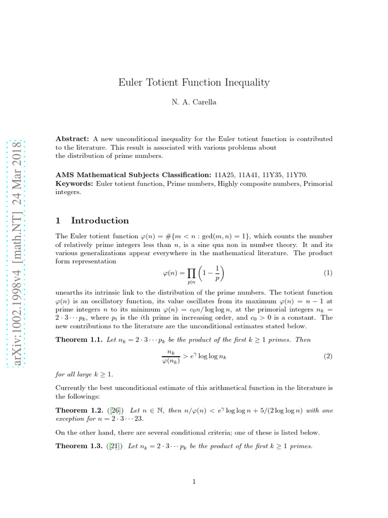 Euler Totient Function Inequality: N. A. Carella | PDF | Prime Number | Logarithm