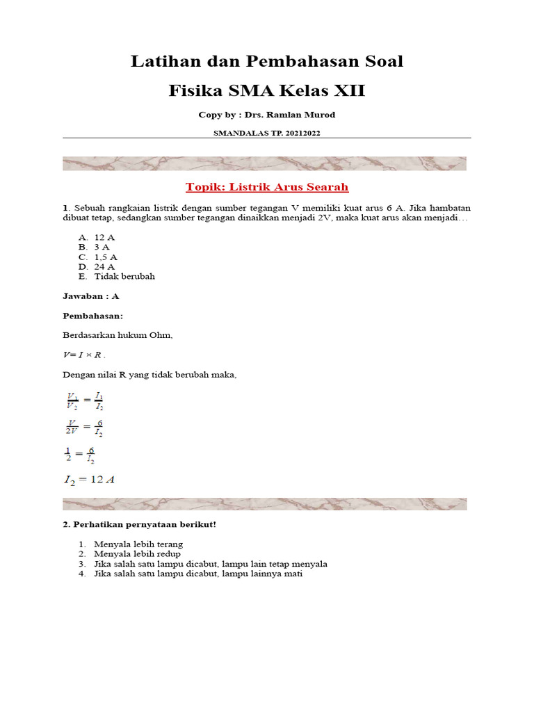Latihan Dan Pembahasan Soal Fisika SMA Kelas XII | PDF