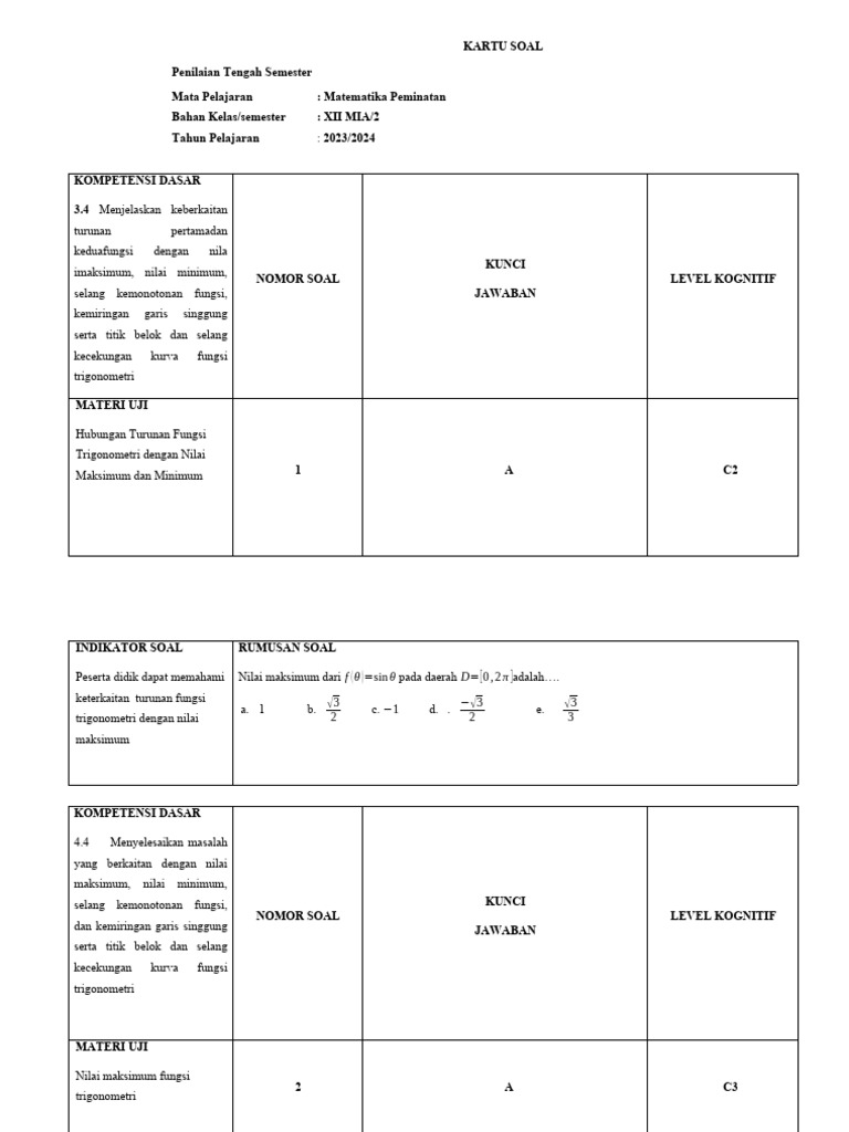 KISI KISI PTS MTK Ipa KLS XII 2023 2024 2 | PDF