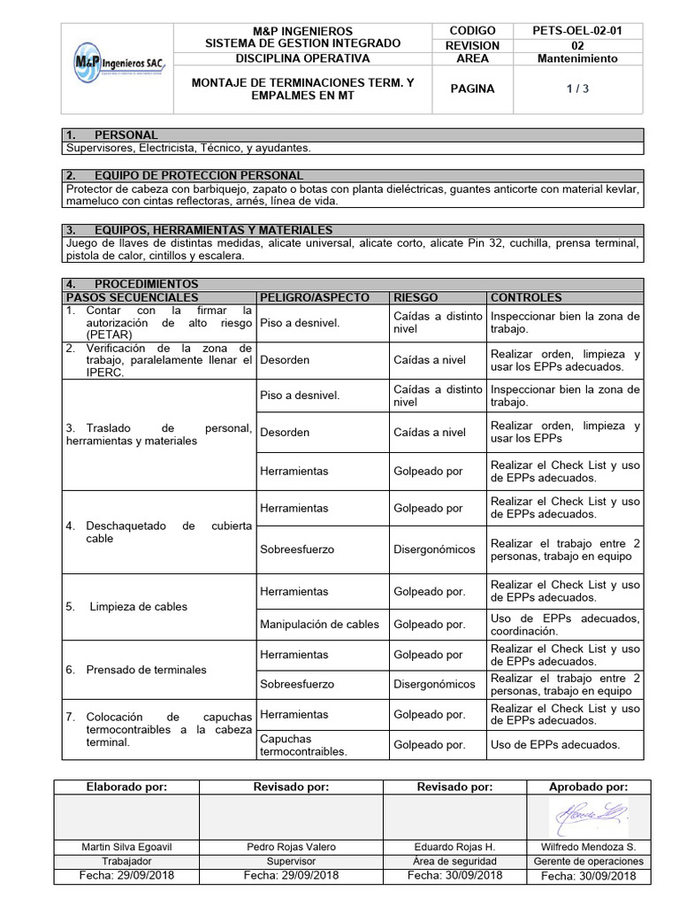 PETS-OEL-01 Montaje Terminaciones Term. y Enpalmes en MT | PDF