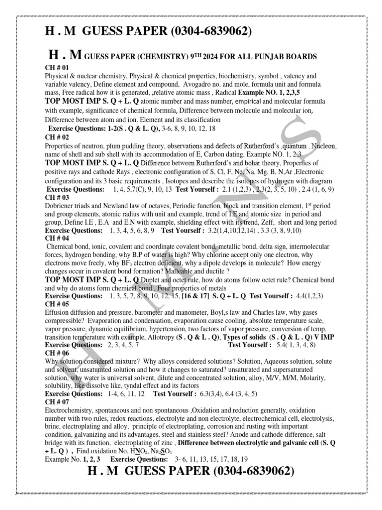 Class 9 Chemistry Guess Paper 2024 | PDF | Chemical Bond | Chemistry
