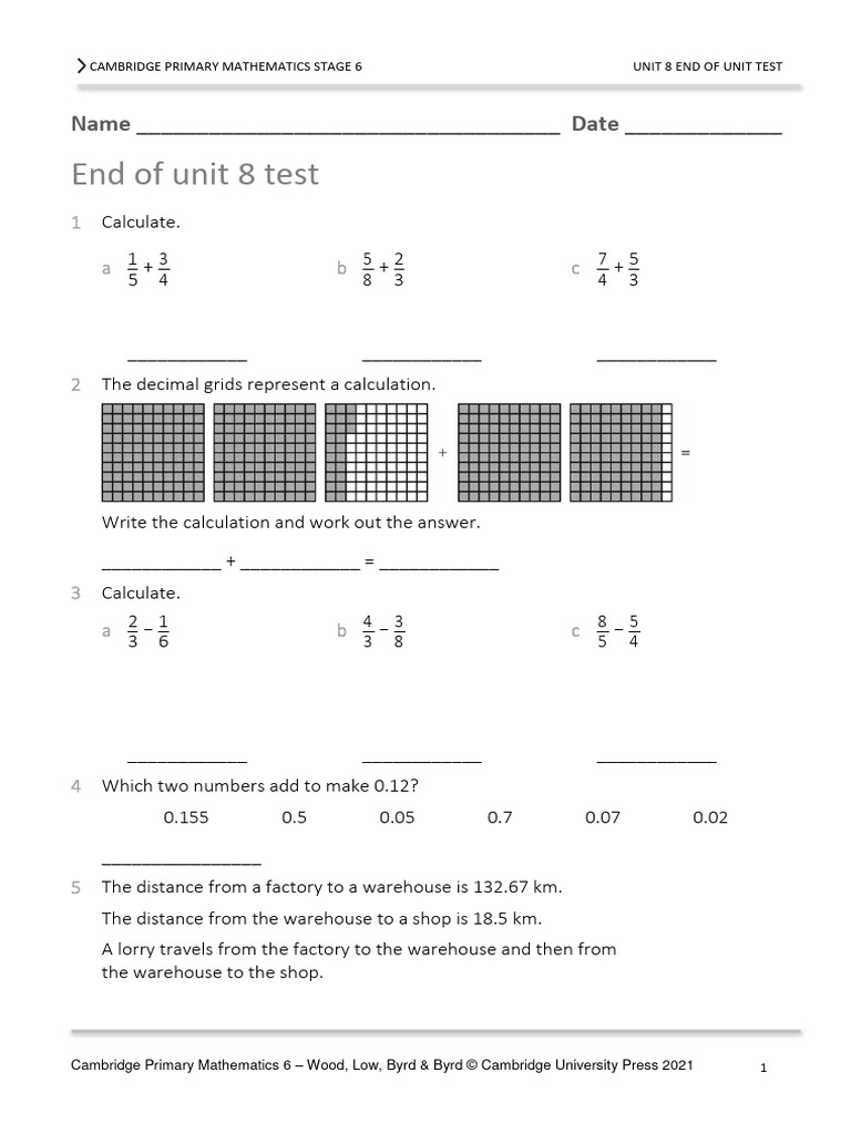 Prim Maths 6 2ed TR Unit 8 Test | PDF | Numbers | Elementary Mathematics