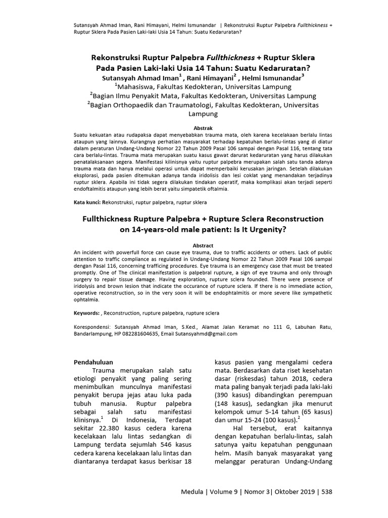Rekonstruksi Ruptur Palpebra dan Sklera | PDF