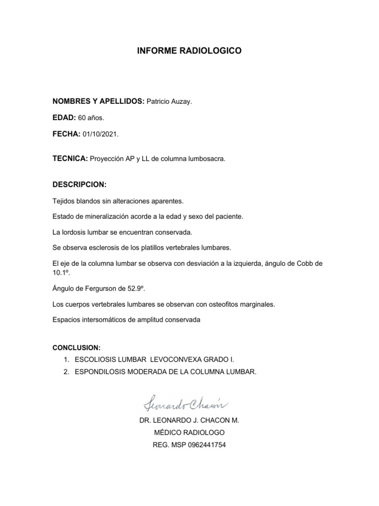 Informe RX AP y LL Columna Lumbar Patricio Auzay | PDF