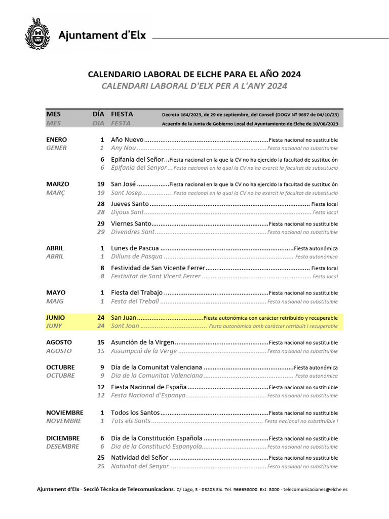 Calendario Laboral 2024 Castellano y Valenciano 1 | PDF