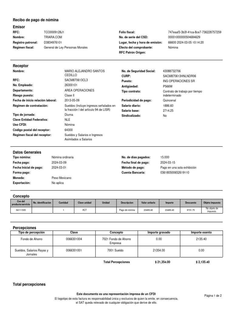 Recibo Nómina Mario Santos Marzo 2024 | PDF | Salario | Economias