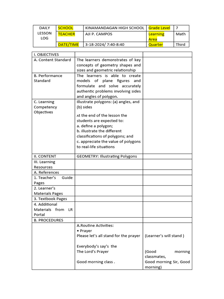 18 Grade7lesson Plan | PDF | Polygon | Vertex (Geometry)