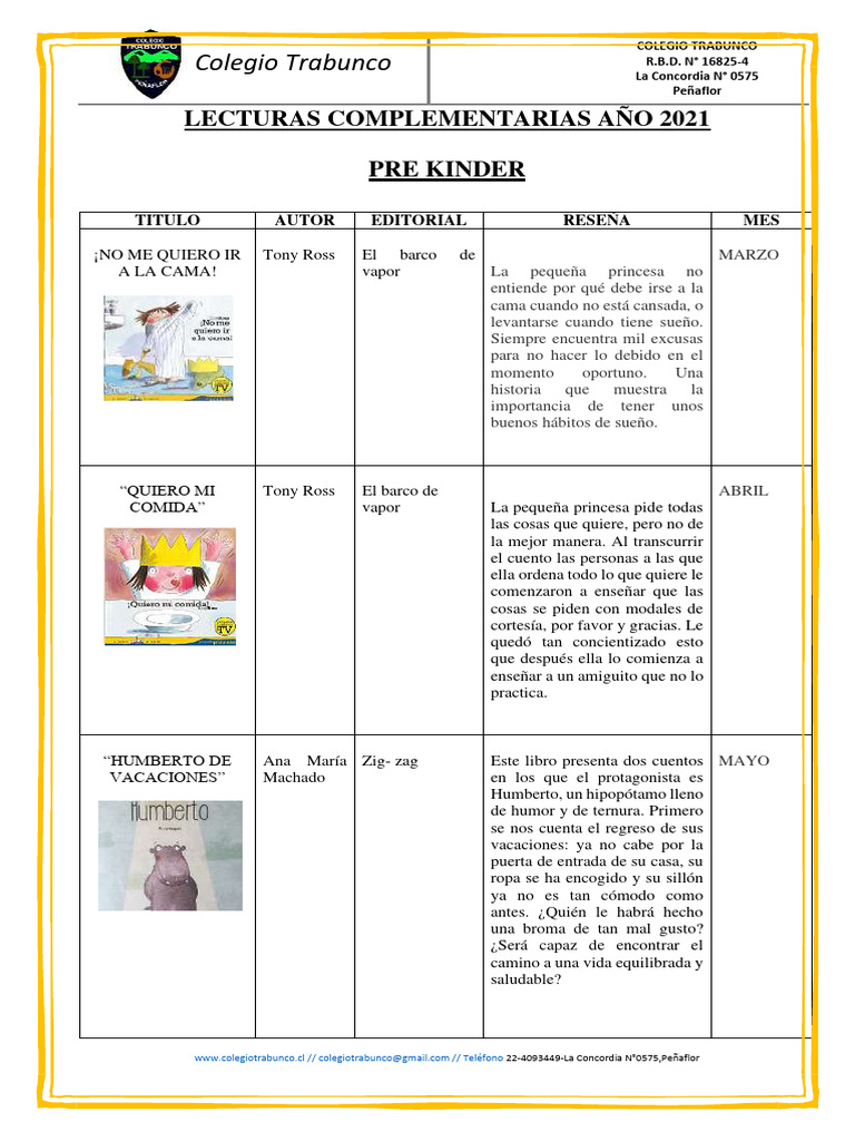 Libros Lectura Complementaria Pre Kinder 2021 | PDF