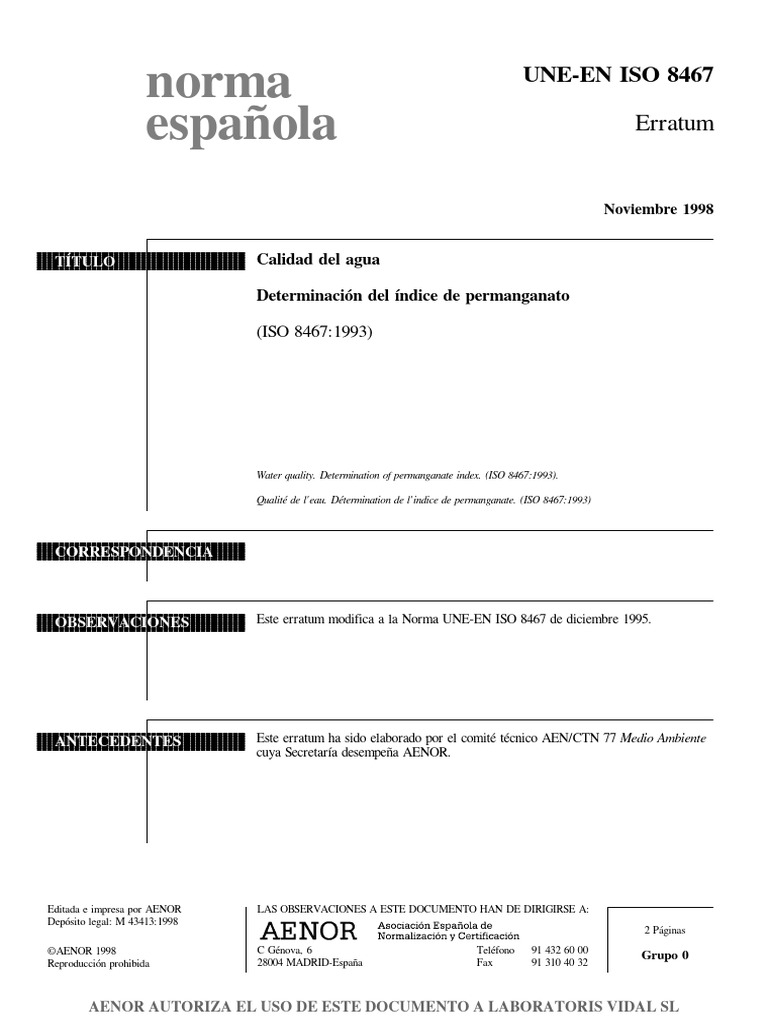 UNE-EN - ISO - 8467-Oxidabilidad Al Permanganato - ERRATA | PDF