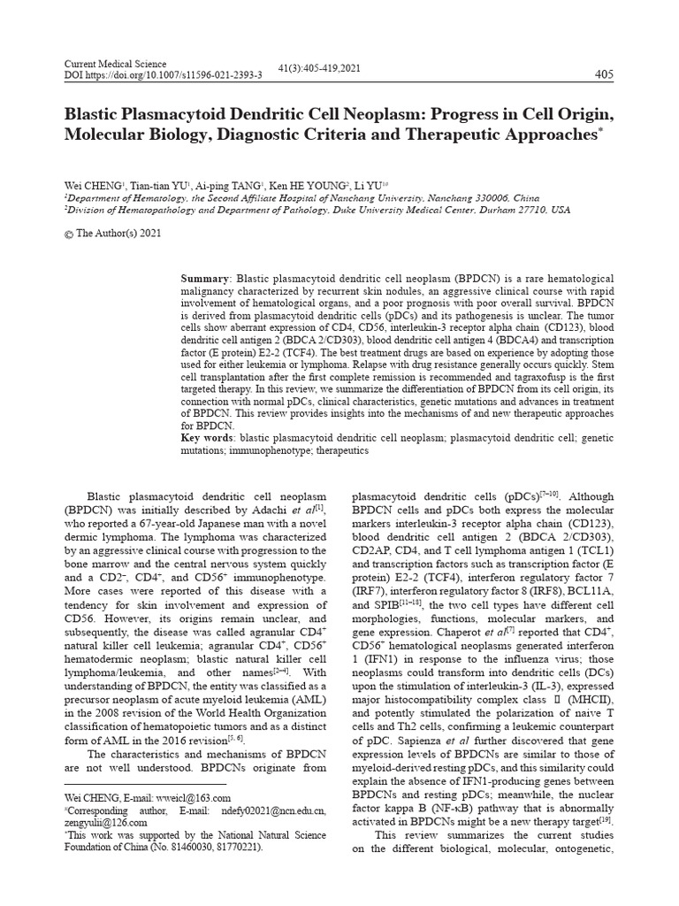 Blastic Plasmacytoid Dendritic Cell Neoplasm Progress in Cell Origin | PDF