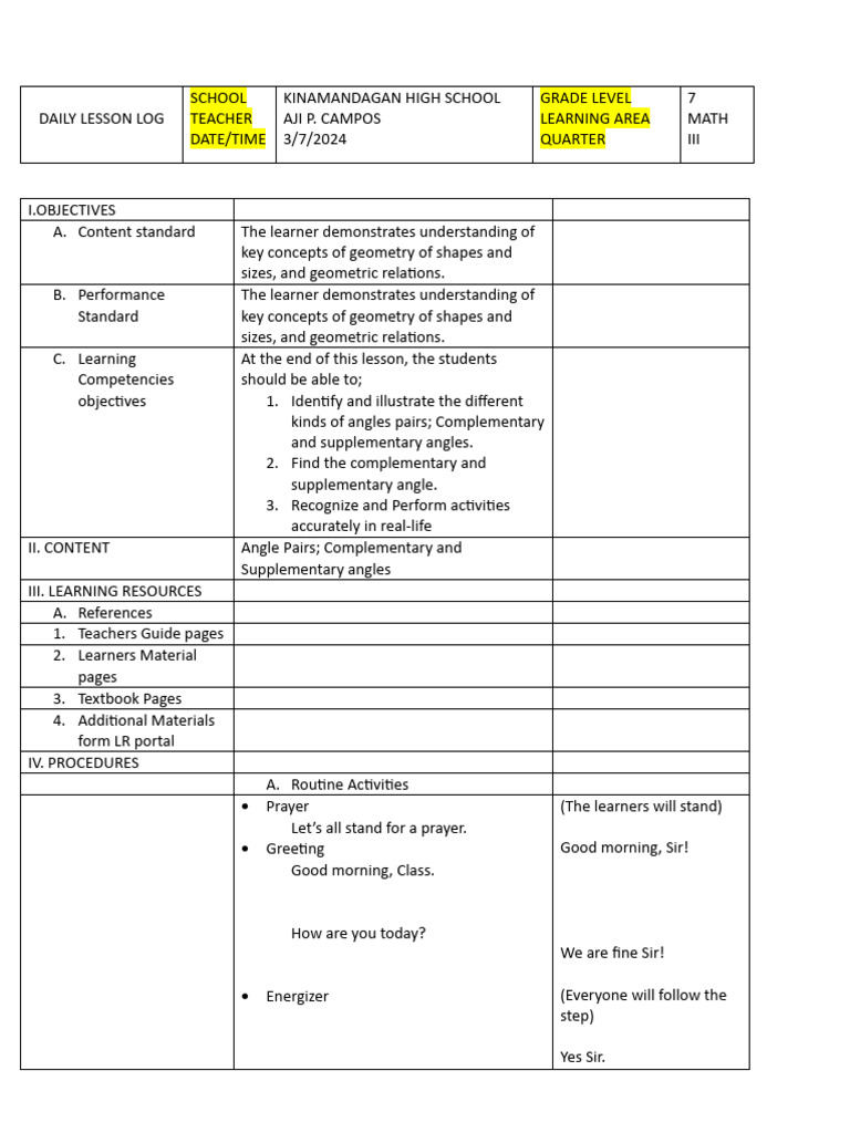 6angle Pairs Grade 7 Complementary | PDF | Angle | Learning
