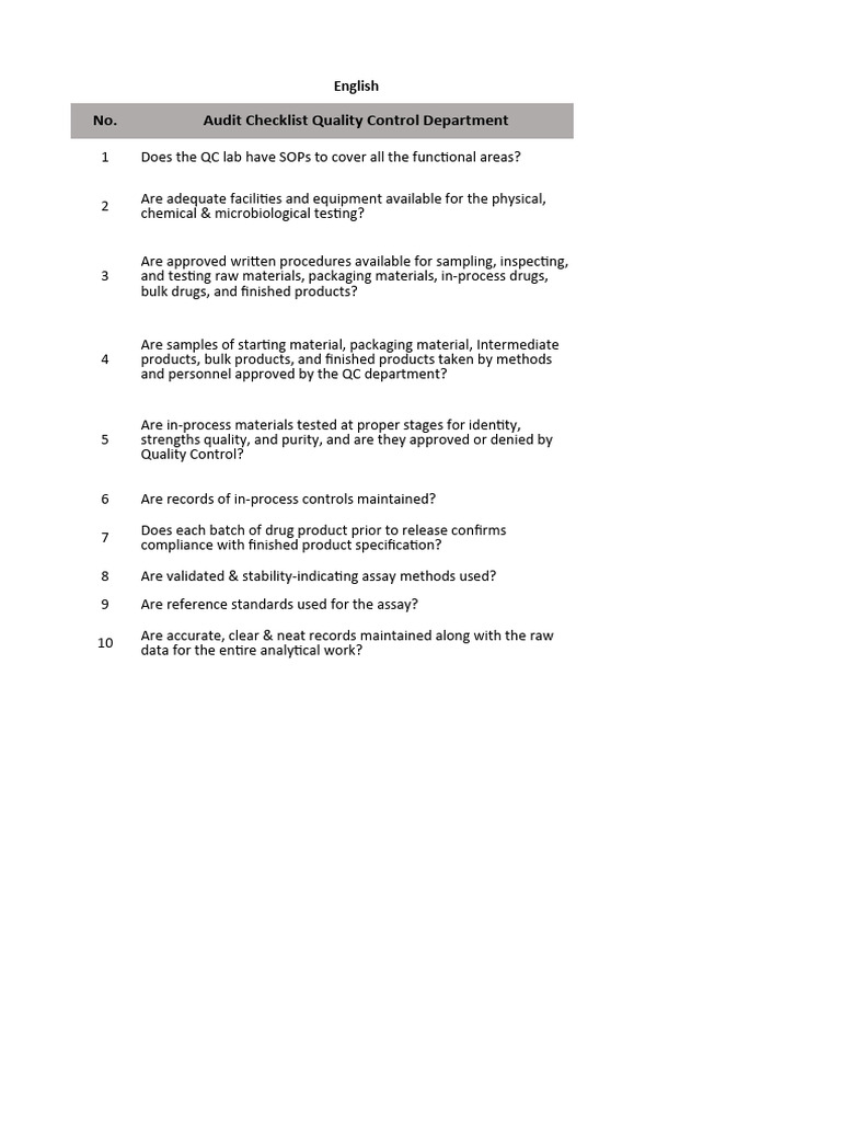 Audit Checklist Departemen QC | PDF