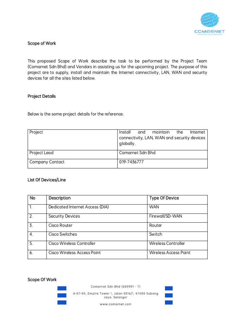 Comarnet SDN BHD Scope of Work v2.0 | PDF