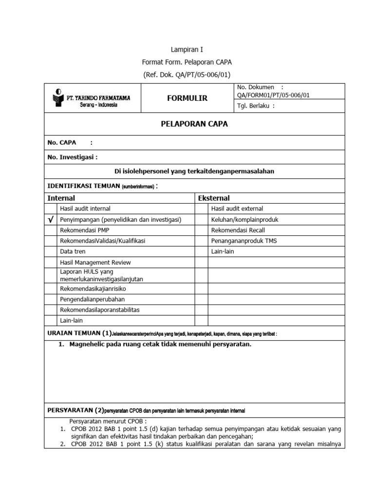 Contoh Pengisian CAPA Audit - 11 | PDF