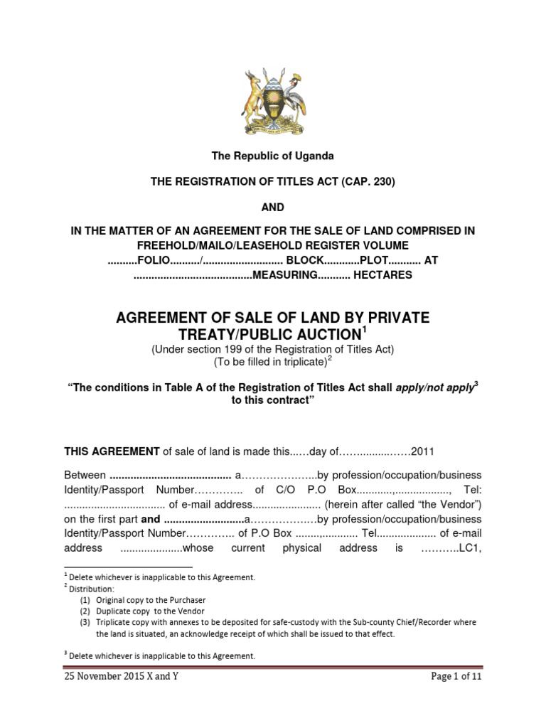 Uganda Land Sale Agreement Template | PDF | Leasehold Estate | Easement