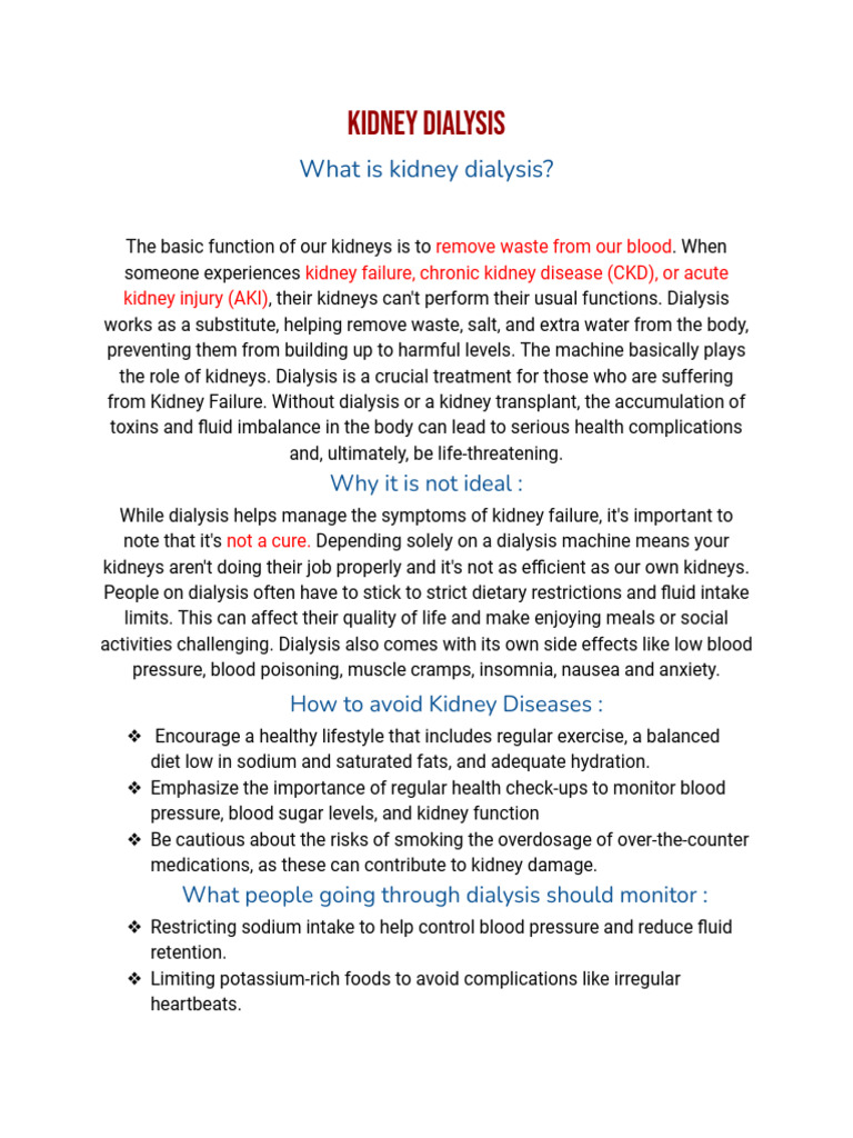 Kidney Dialysis Summary | PDF | Chronic Kidney Disease | Diseases And ...