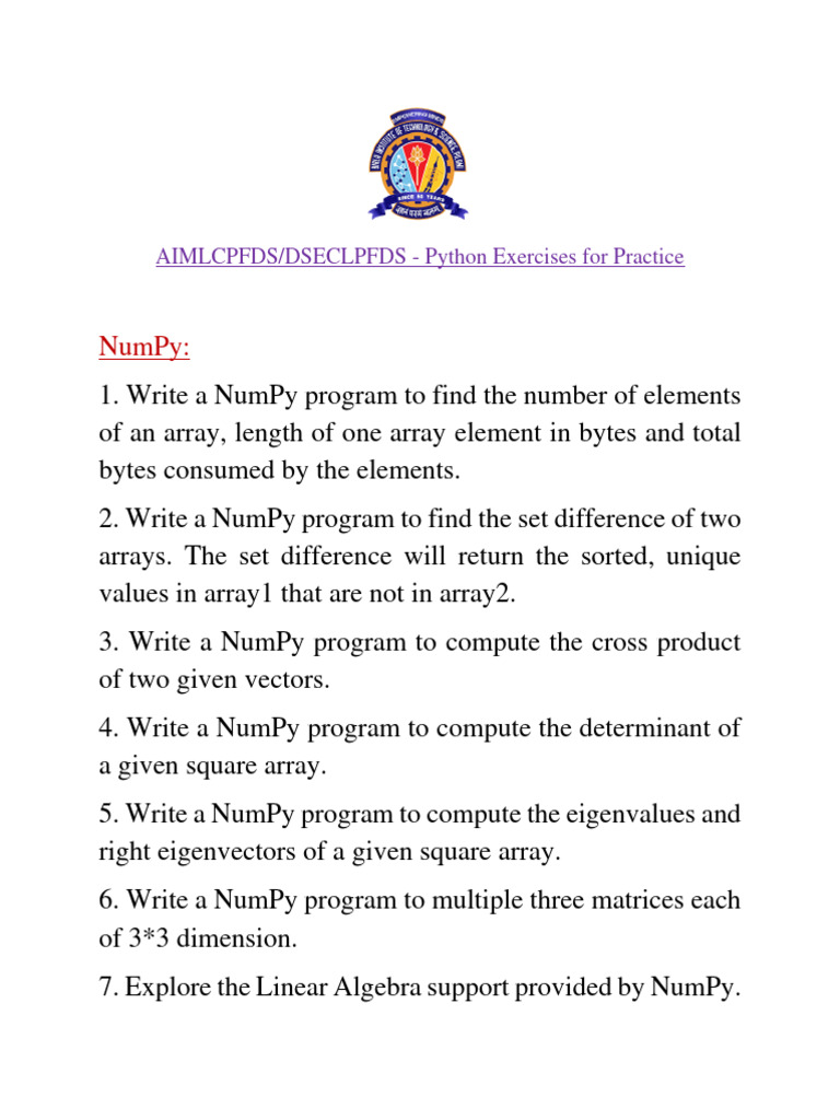 NumPy Practice Exercises for Data Science | PDF