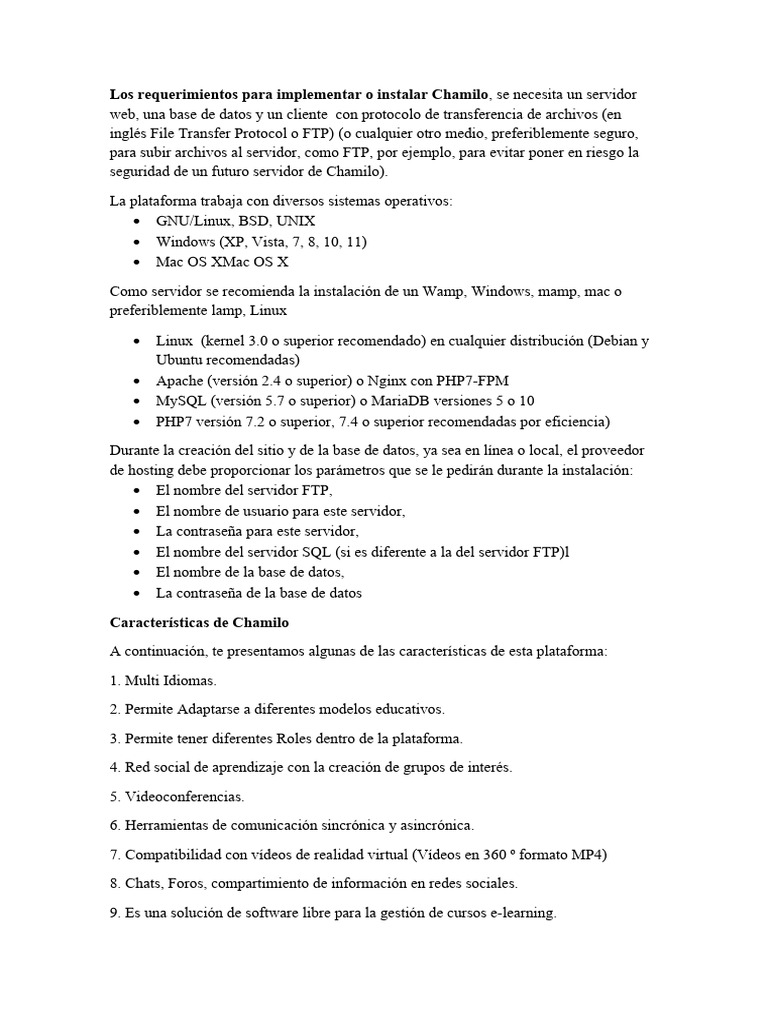 Los Requerimientos para Implementar o Instalar Chamilo | PDF | Mi sql | Protocolo de ...