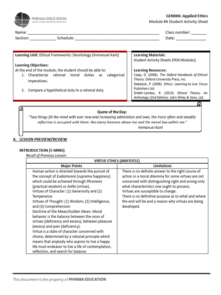 Gen 006 - Sas#4 - 2324 - Ethical Frameworks (Deontology) | PDF | Virtue ...