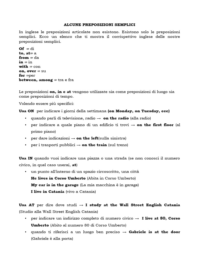 Alcune Preposizioni Semplici | PDF