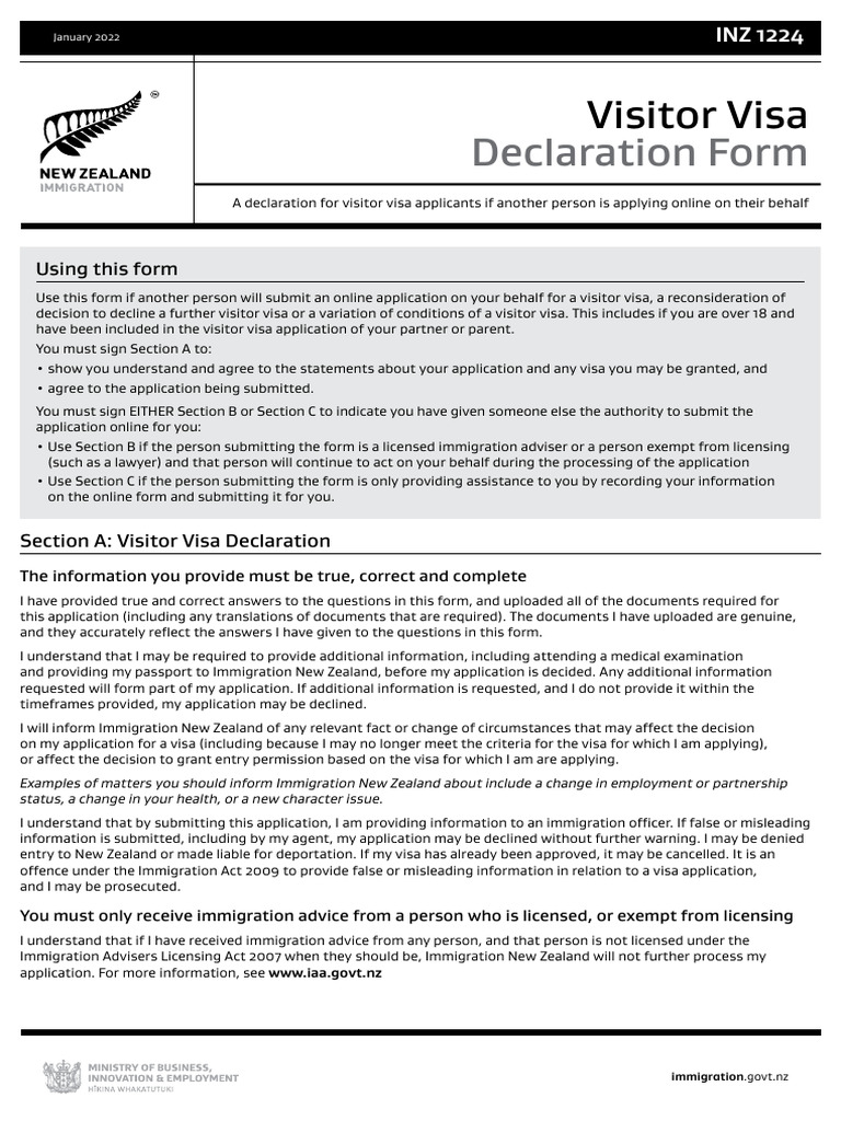 INZ 1224 Visitor Visa Declaration Form | PDF | Travel Visa | Immigration