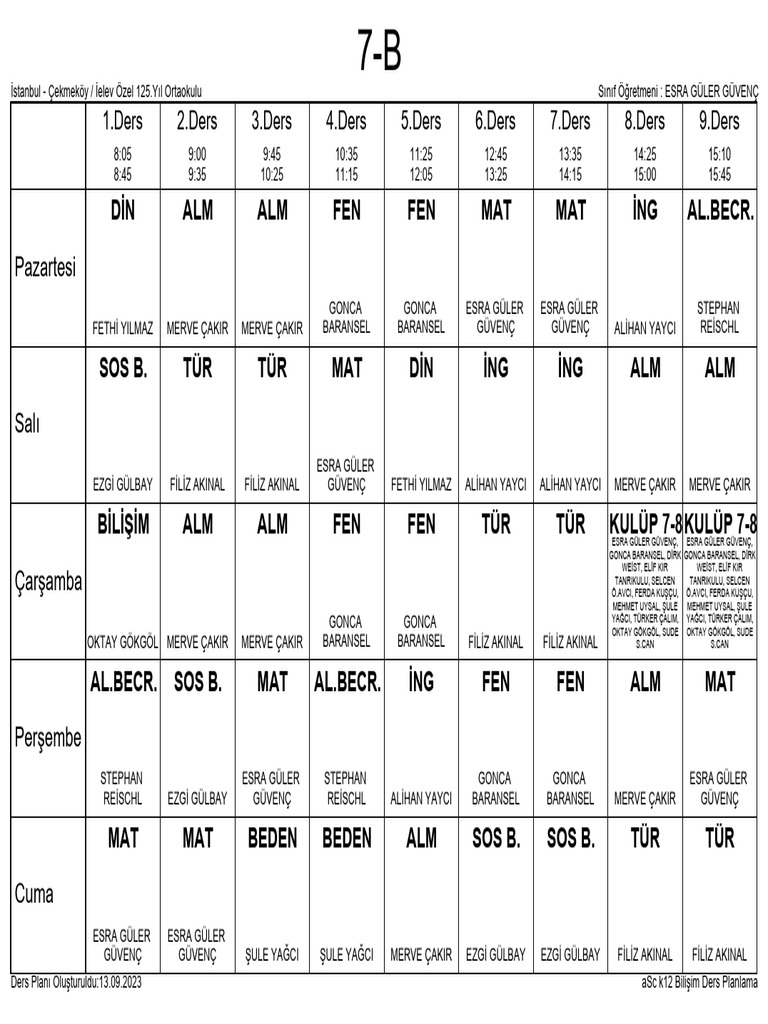 DİN ALM ALM FEN FEN MAT MAT İNG Al - Becr.: 1.ders 2.ders 3.ders 4.ders 5.ders 6.ders 7.ders 8 ...