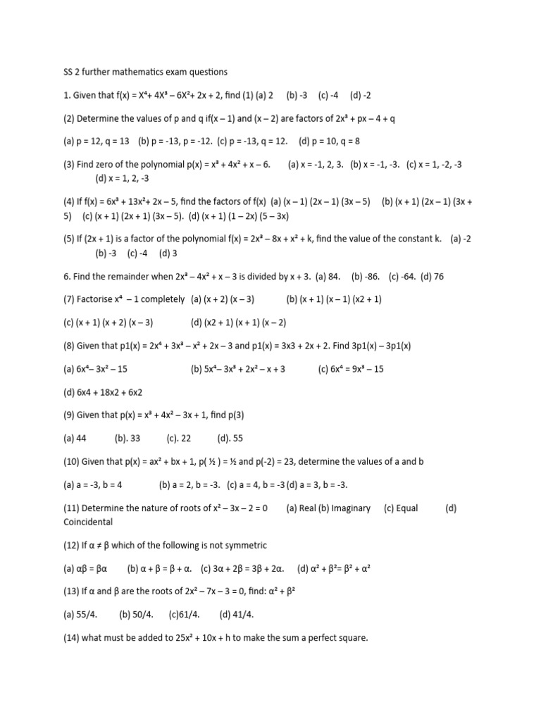 SS2 Further Math Exam Prep | PDF | Polynomial | Trigonometric Functions