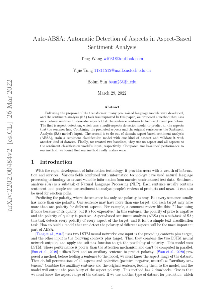 Auto-ABSA Automatic Detection of Aspects in Aspect-Based Sentiment Analysis | Download Free PDF ...